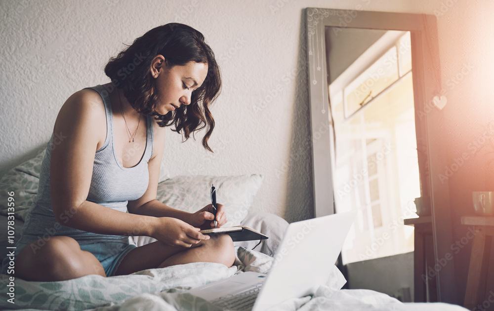 Relax, journal, writing and woman in bedroom with notebook for ...