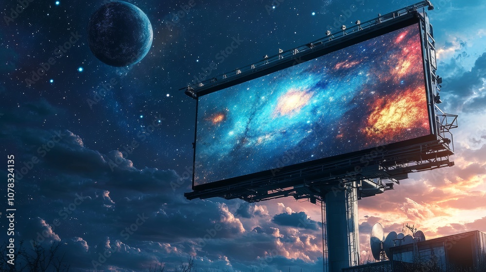 Large billboard displaying an image of a galaxy under a night sky with ...