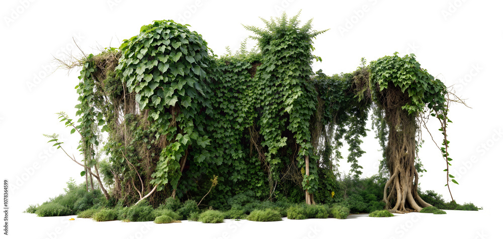 Overgrown Vegetation Wall with Dense Ivy and Hanging Vines, Roots, and ...