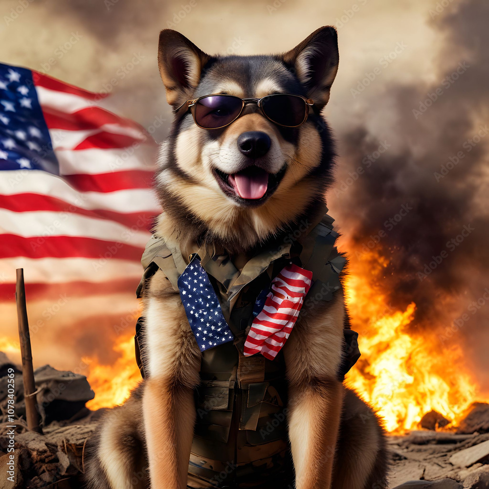 Heroic Dog Wearing Military Vest with American Flags in War Zone ...