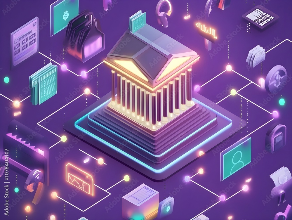 Digital bank with pillar of tablet surrounded by money icons, shopping ...