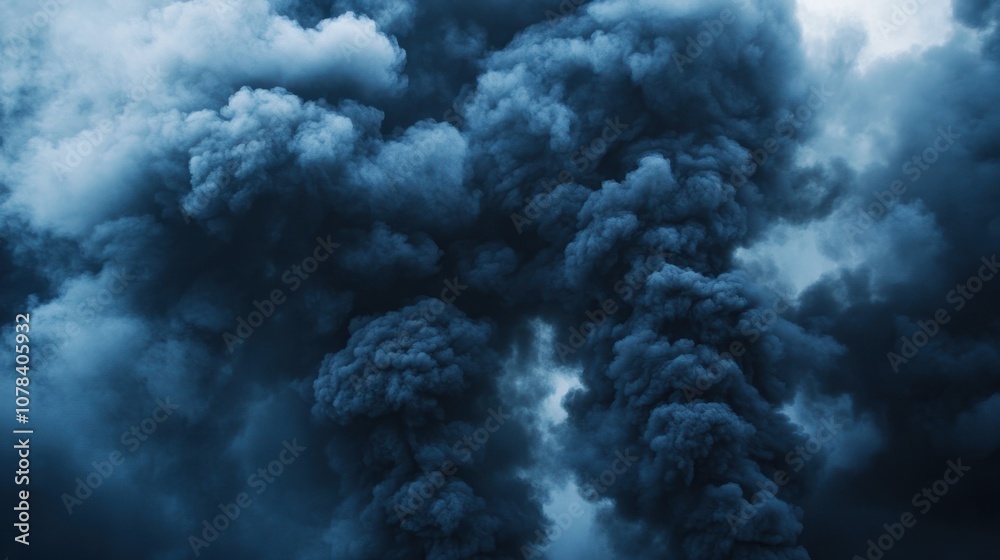 Thick black smoke plumes swirling with soft edges, creating an ominous ...