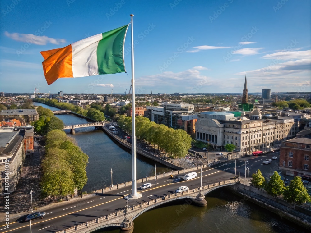 Aerial View of Dublin with Irish Flag Colors Creating a Vibrant Scene ...