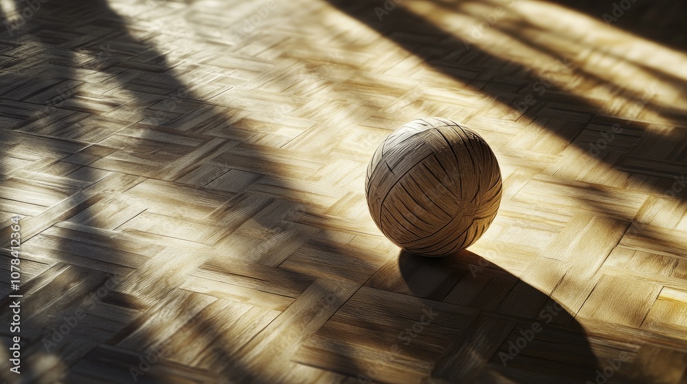 Sepak Takraw ball centered on a gym floor, with wooden texture and ...