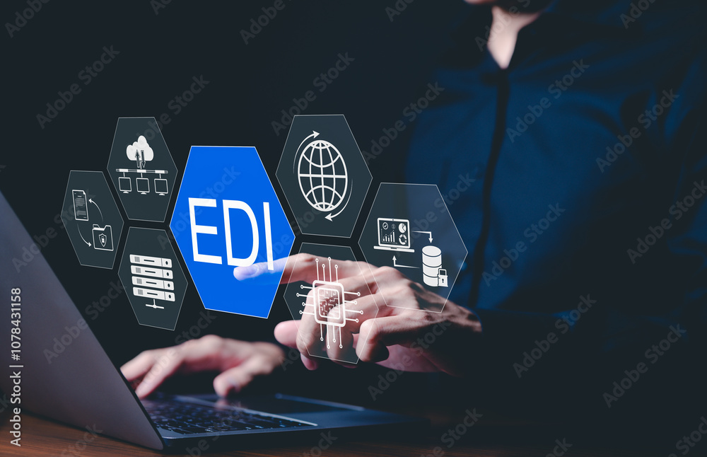 EDI, Electronic Data Interchange Concept. Businessman touching on EDI ...