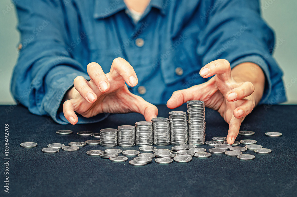 Greedy hands of woman in blue reaching for columns of coins. Concept of ...