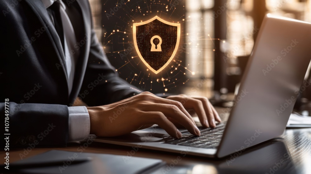 Businessperson working on laptop with a glowing shield and padlock icon ...