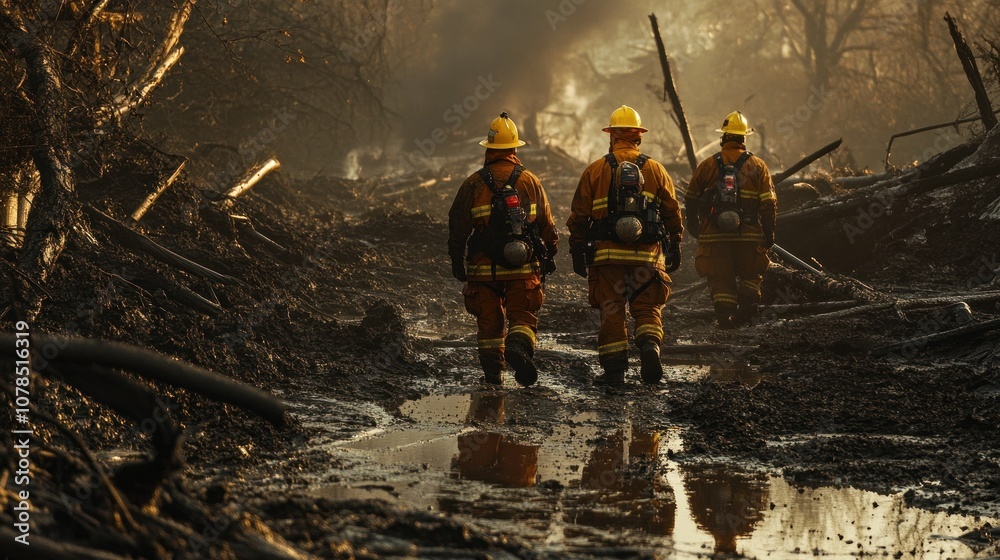 Firefighters walk through mud and debris after a natural disaster to ...