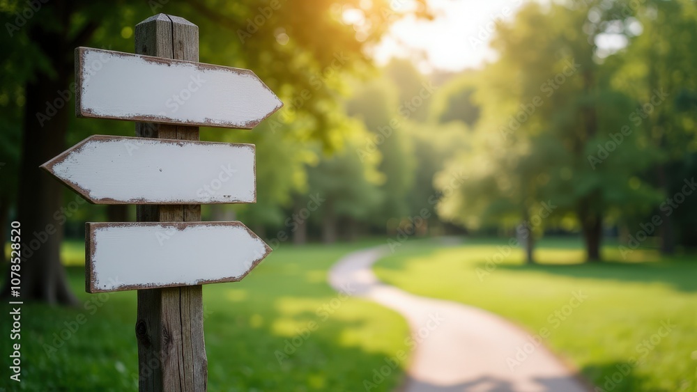 Outdoor wayfinding mockup featuring blank directional signs on a pole ...