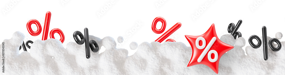 Vibrant footer with floating percentage symbols and snow balls, on transparent background ...