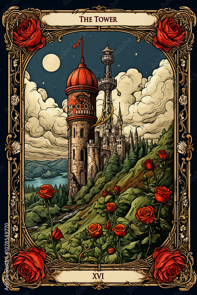 Renaissance style tarot card with the tower surrounded by red roses ...