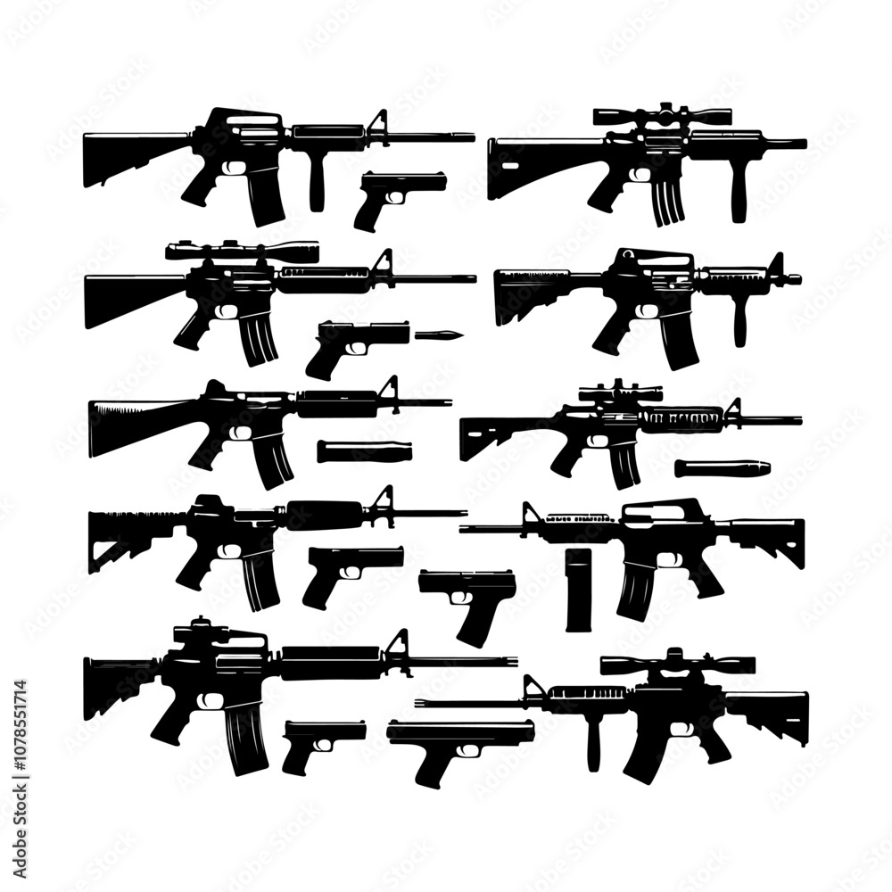 Weapon riffles collection silhouette. Riffle gun vector icon set, Army ...