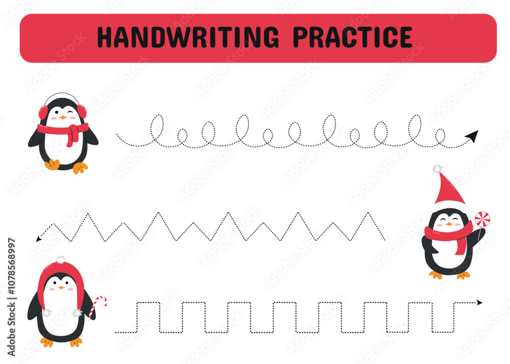 Handwriting practice worksheet featuring Christmas penguins for ...