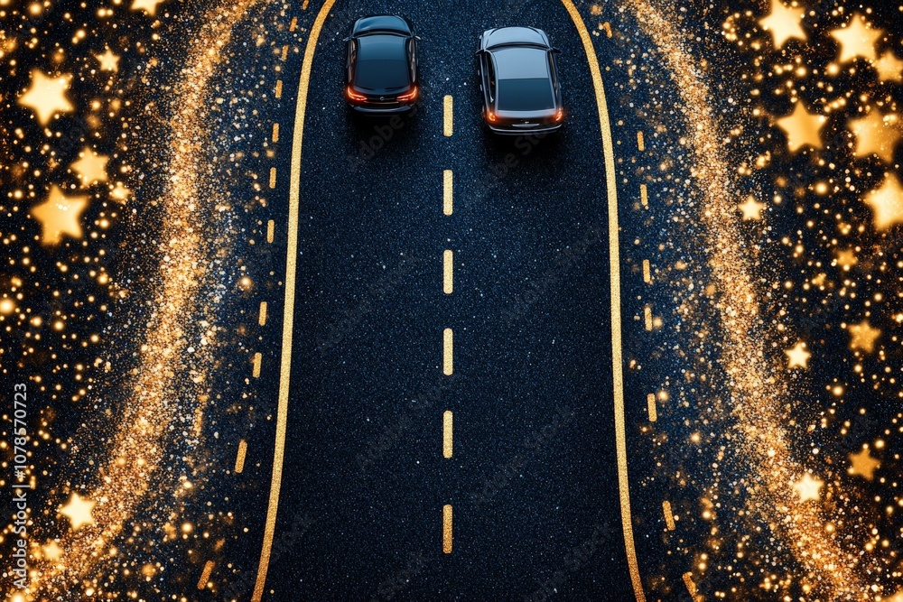 Glittering road decorated with sparkling golden lights and tiny stars ...
