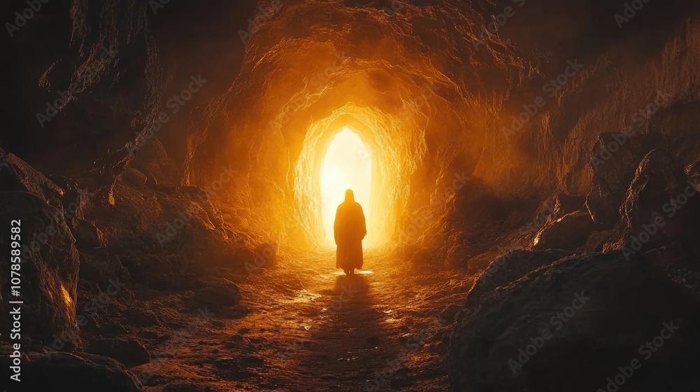 Jesus Christ emerging from the tomb in resurrection light Stock ...