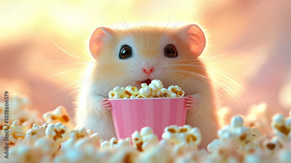 Cute hamster eating popcorn from basket and watching movie. Going to ...