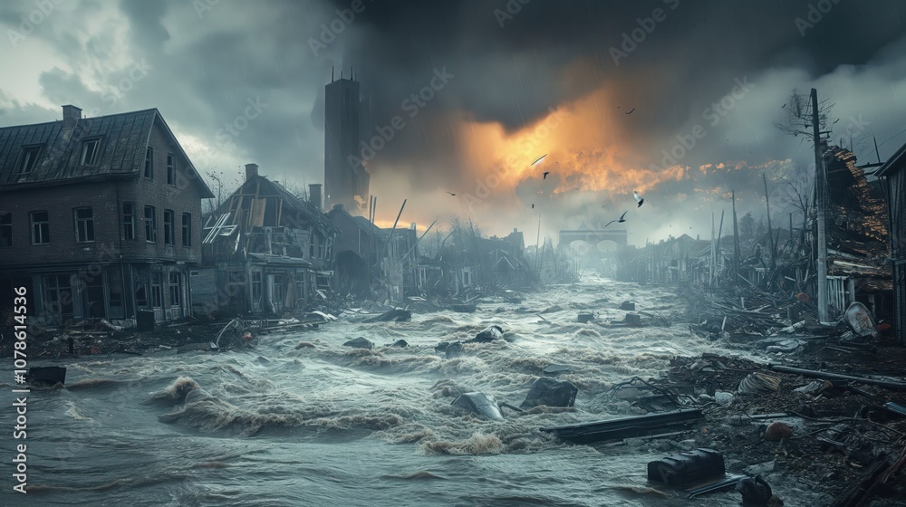 Floods. Flooding. Submerged cars on a city street. Streets, embankments ...