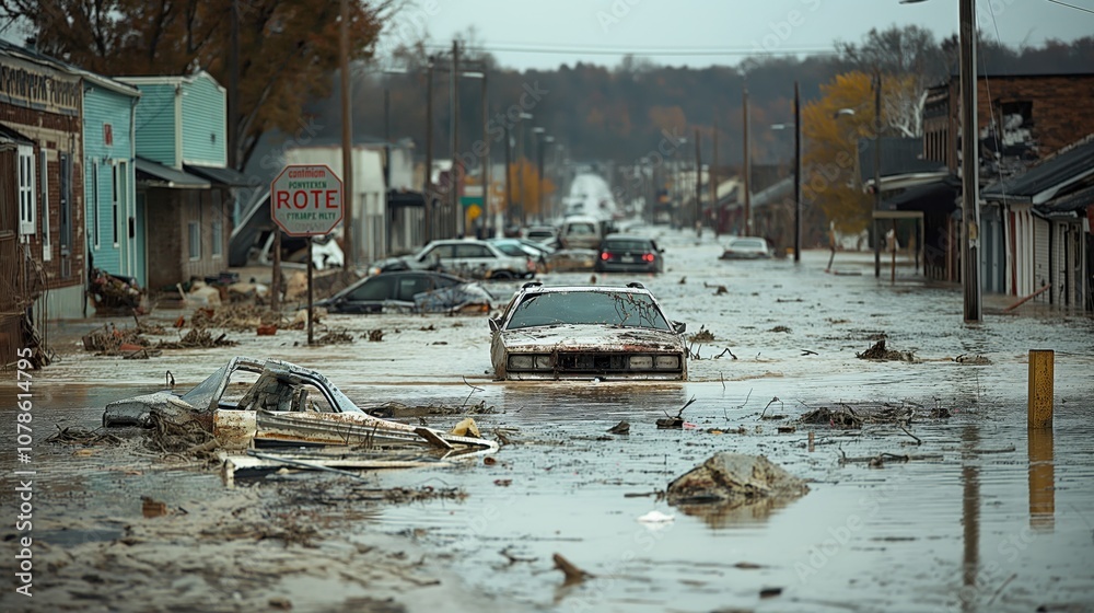 Floods. Flooding. Submerged cars on a city street. Streets, embankments ...