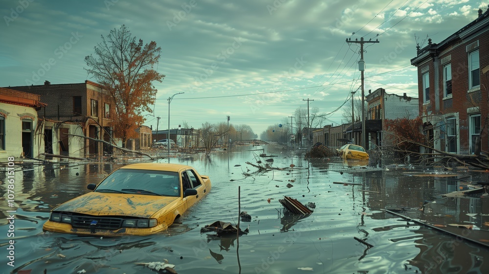 Floods. Flooding. Submerged cars on a city street. Streets, embankments ...