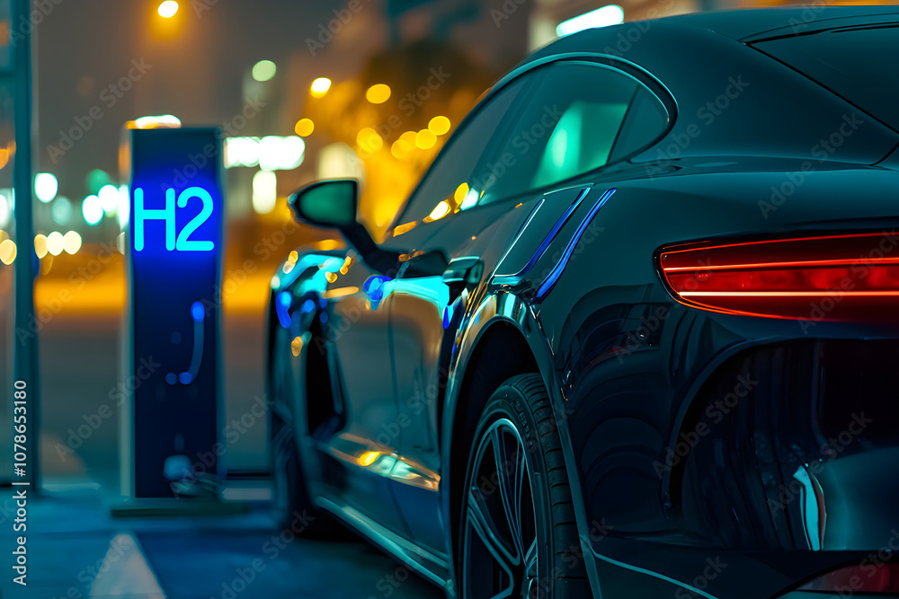 Modern Blue Car Parked at Hydrogen Fueling Station at Night with ...