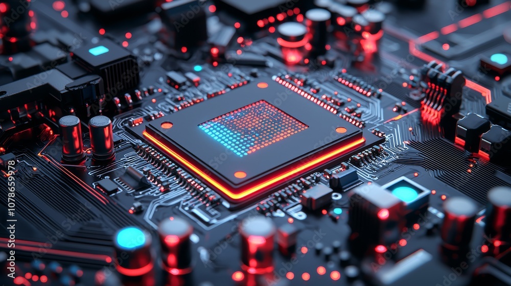 This abstract background depicts AI as a glowing quantum computer surrounded by floating ...