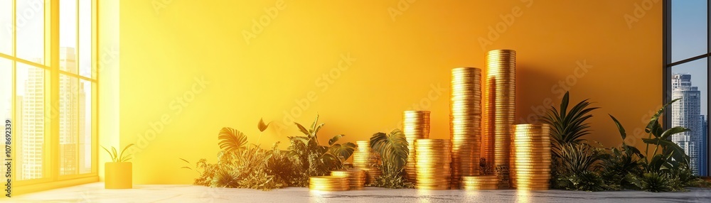 Economy assets flat design front view gold wealth theme 3D render ...