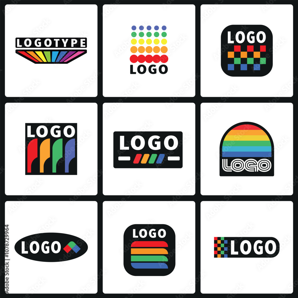 Set of geometric retro 1980s logo, vector template in minimalist ...