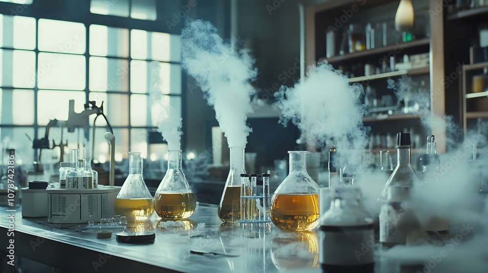 7. Wide shot of a laboratory with bubbling flasks and test tubes as ...