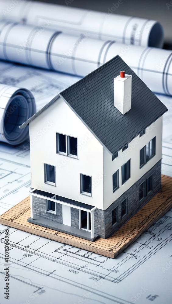 Architectural House Model on Construction Blueprints. Modern ...