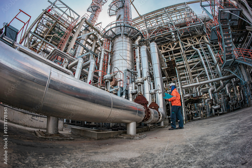 Male worker inspection at steel long pipes insulation and pipe elbow in ...