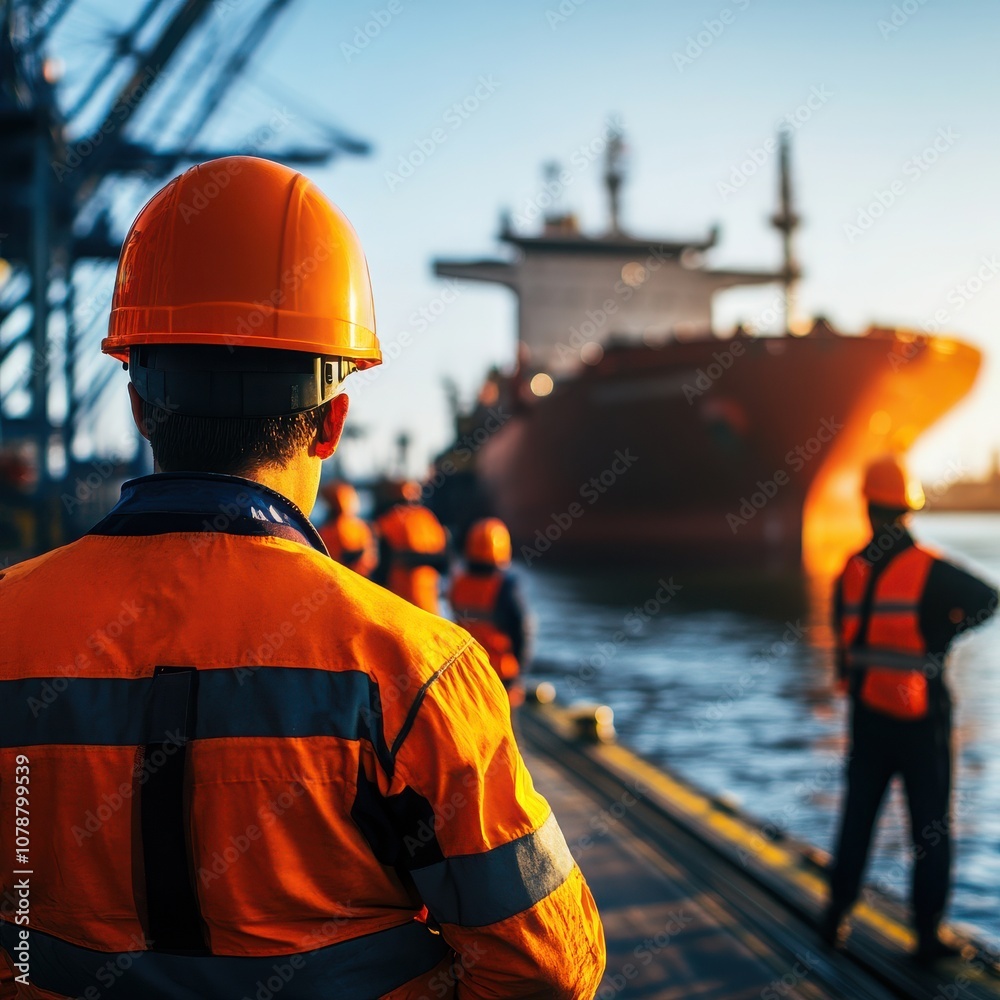 Workers in safety gear oversee loading operations at a busy shipping ...
