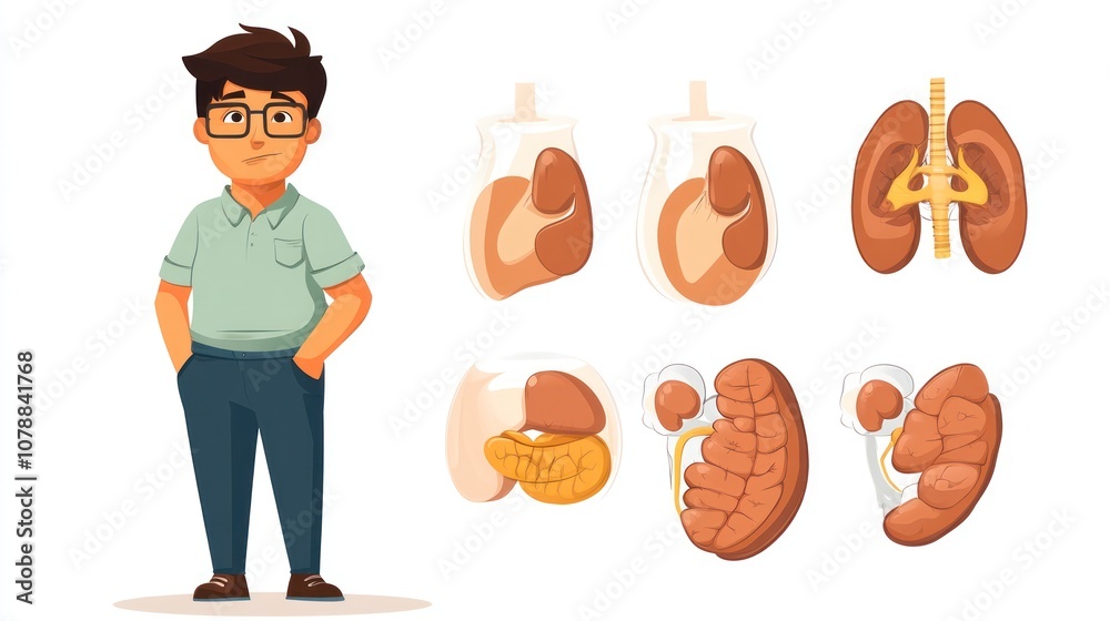 Illustration of a man alongside various stages of kidney health ...