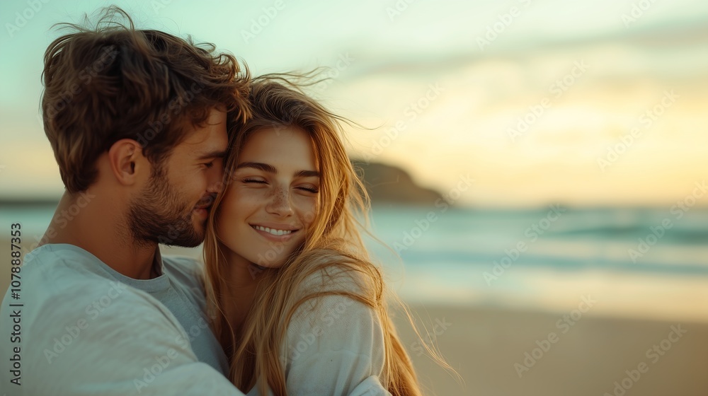 couple embracing beach sunset smiling fashion model face woman looks ...