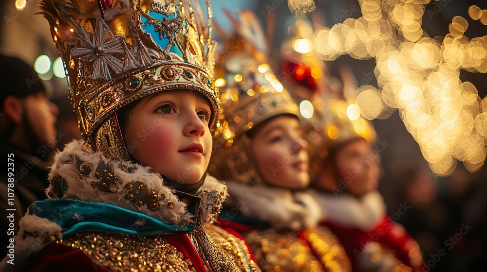 Children wearing epiphany costumes celebrating three kings day parade ...