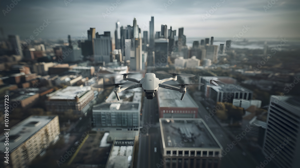 Aerial view of city skyline with drone casting shadow over buildings ...