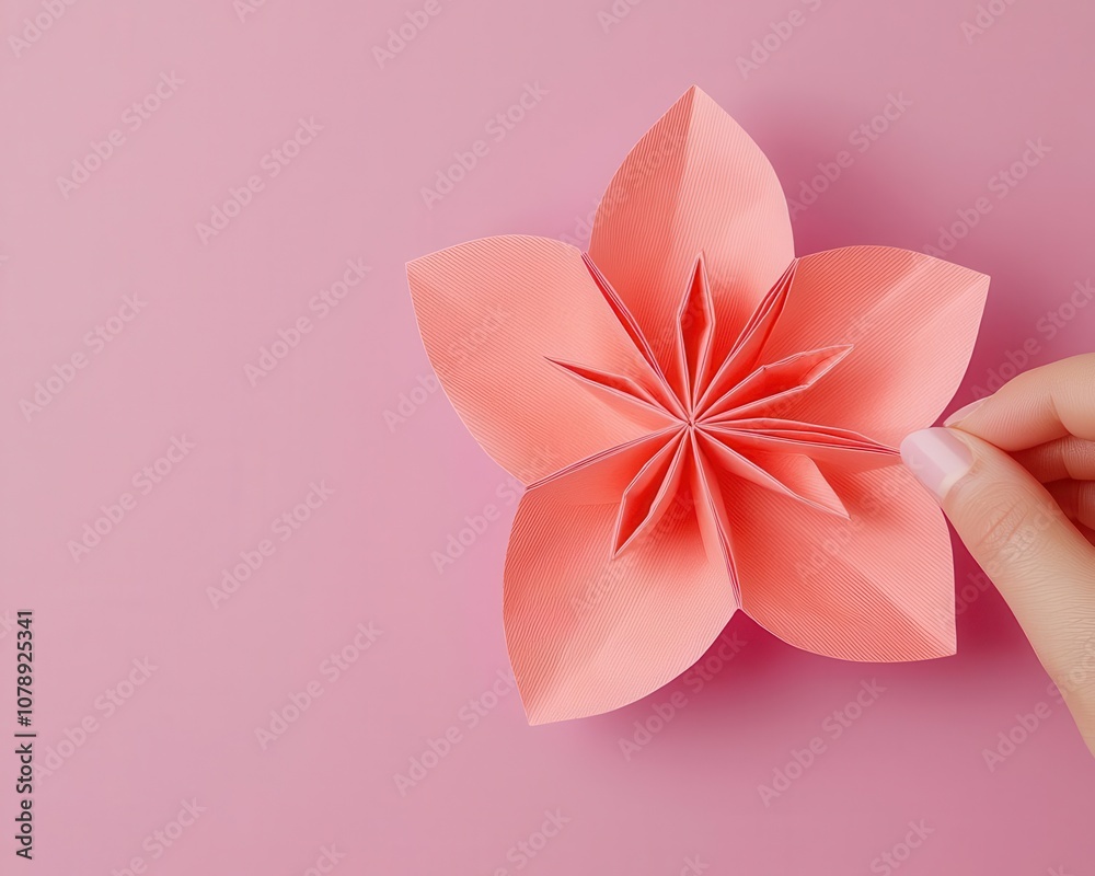 Delicate origami paper flower being folded, instructional diagrams ...