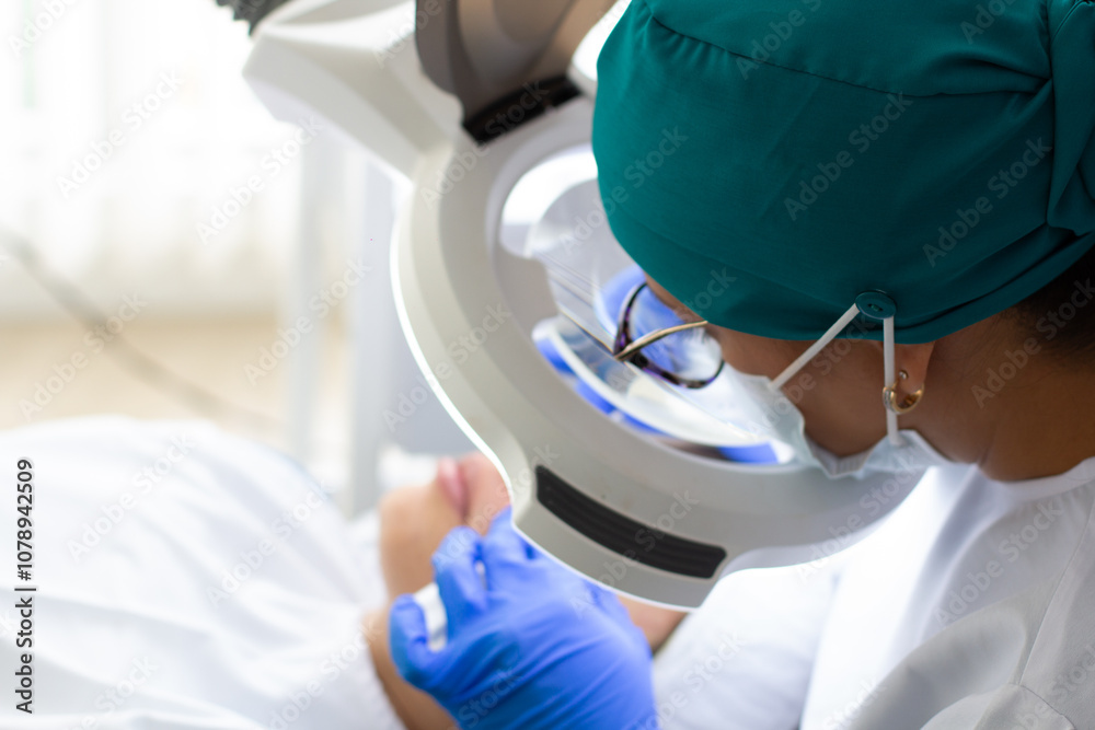 Dermatóloga usando lupa para examinar rostro de paciente Dermatologist ...