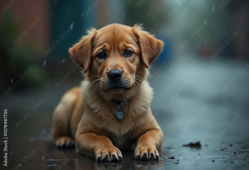 Stray homeless dog. Sad abandoned hungry puppy sitting alone in the street under rain Stock ...