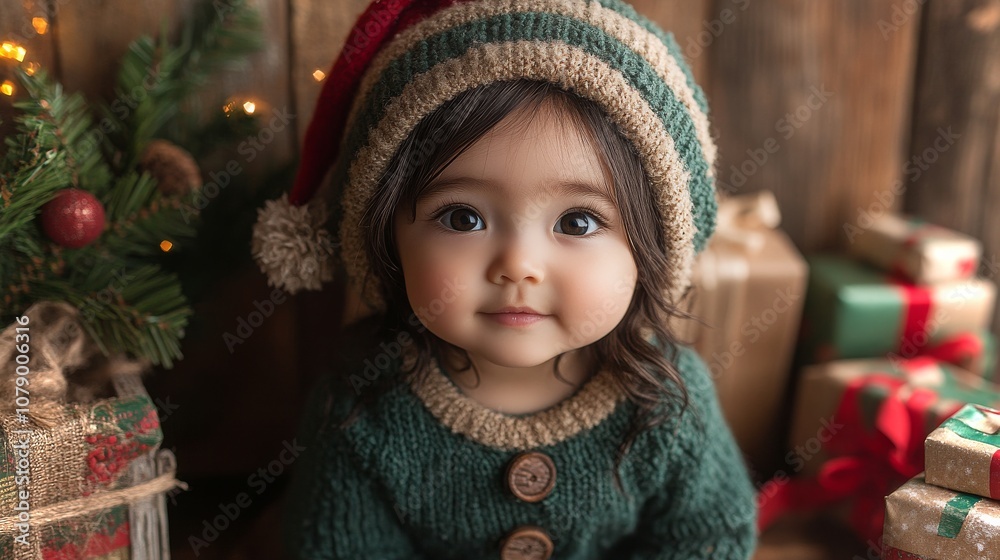 Charming Hispanic baby dressed as a tiny elf surrounded by festive ...