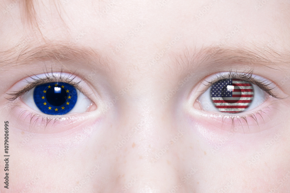 human face with national flags of european union and united states of ...
