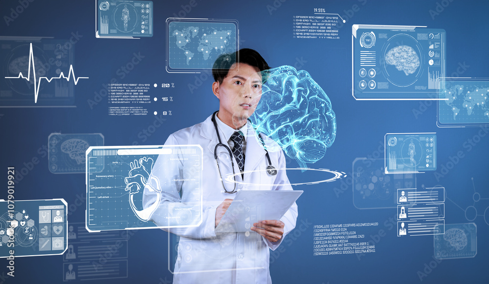 Skilled doctor holding document while standing at blue background ...