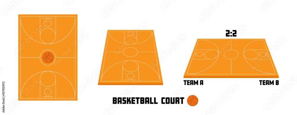 Basketball court layout in various perspectives with ball and match ...