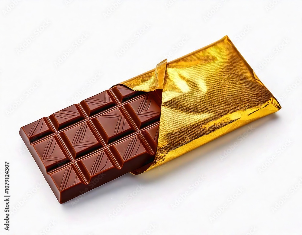 Chocolate bar wrapped in gold foil on isolated white background. Stock ...