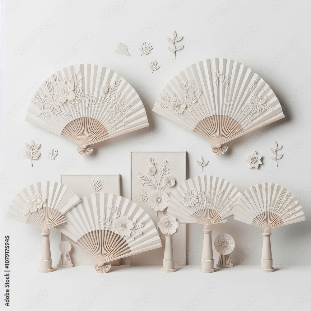 Mockup of a white folding hand fan set apart against a white background ...