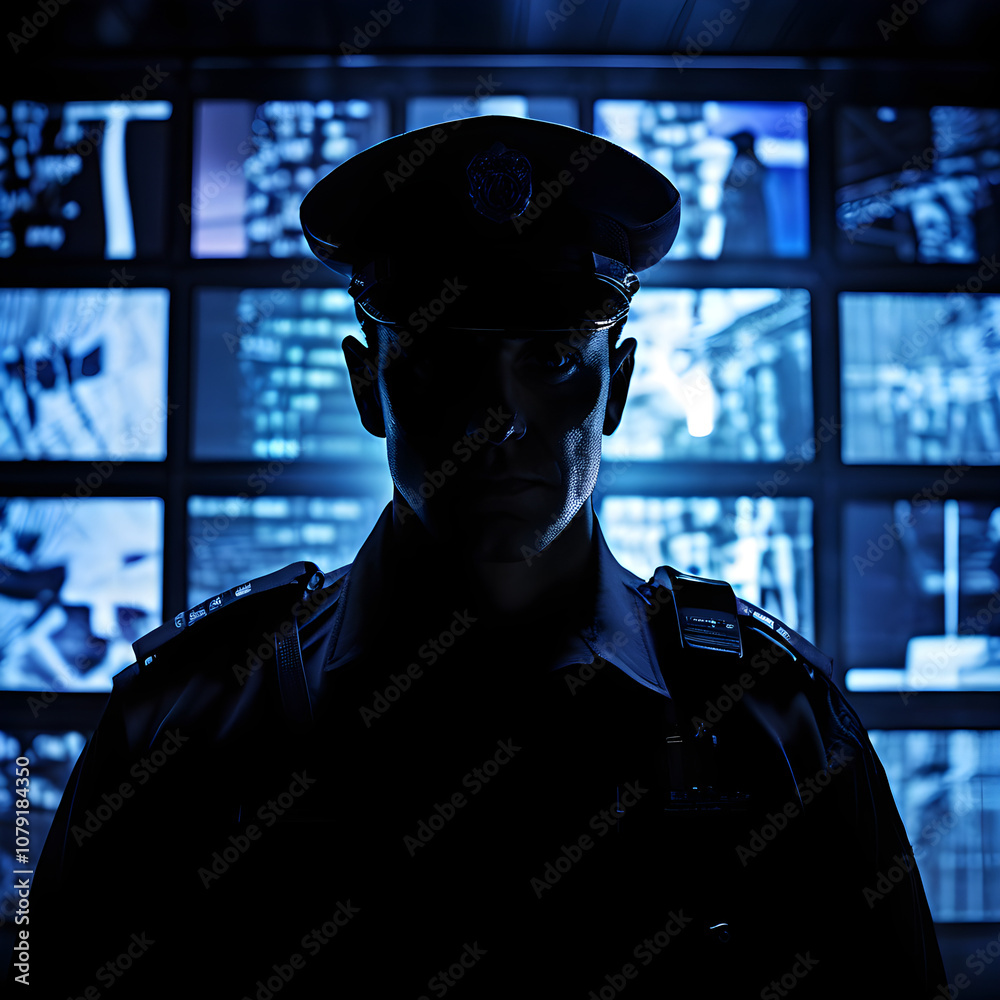 Police Officer face Silhouette Watching security camera screen monitors ...