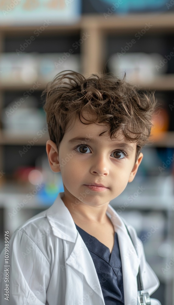 Little boy in a doctor's suit, smiling at the camera with a school ...