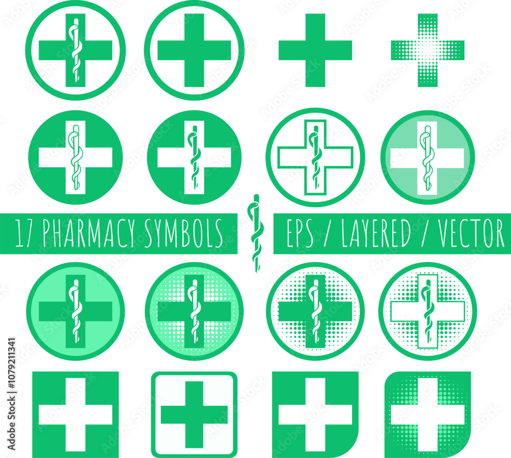 Pharmacy symbols and premade logo designs helpful elements green cross ...