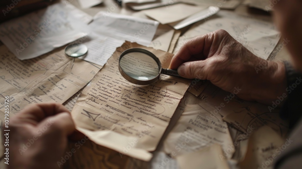 Investigator Using Magnifying Glass to Inspect Documents Stock Photo ...