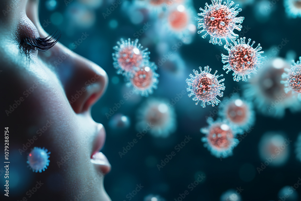 Magnified image of a person coughing, showing droplets of saliva that ...