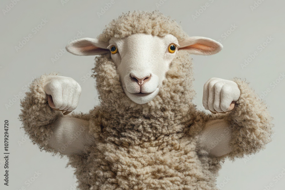 A funny sheep doing bicep curls, its wool fluffing up as it flexes tiny ...